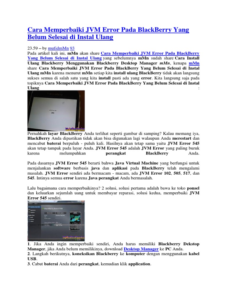 Cara Memperbaiki JVM Error Pada BlackBerry Yang Belum Selesai Di Instal Ulang | PDF | Komputer