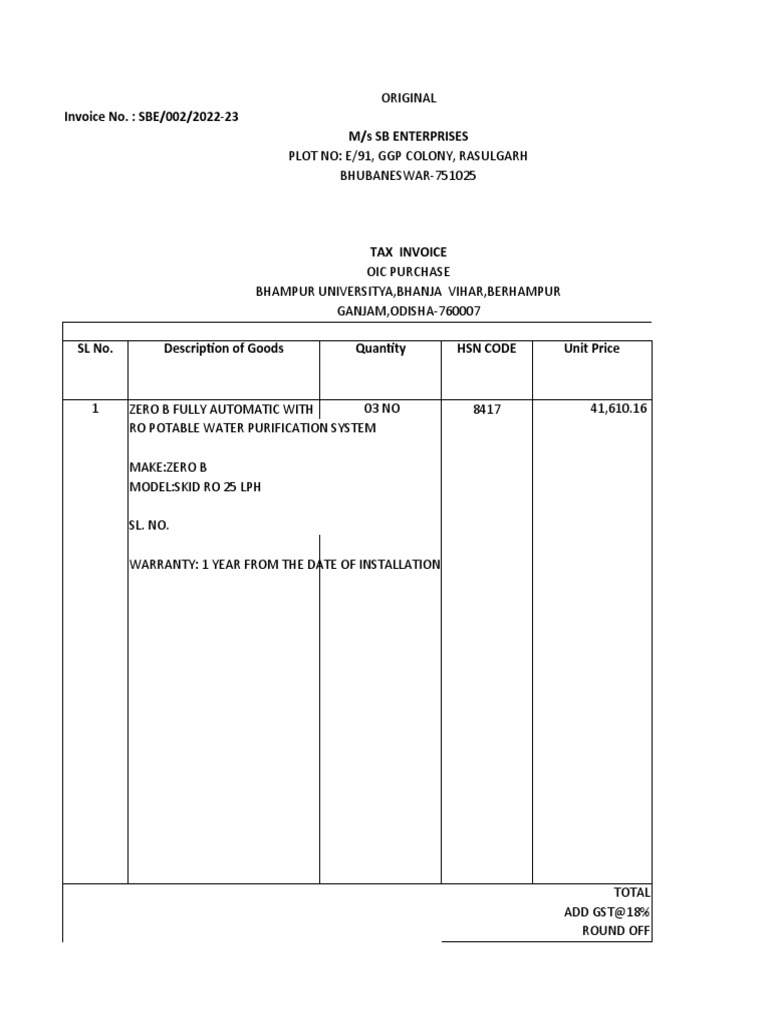 Invoice No.: SBE/002/2022-23 M/S SB Enterprises | PDF | Invoice ...