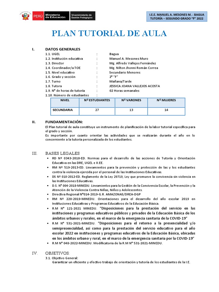 Plan Tutorial para Secundaria en Bagua | PDF