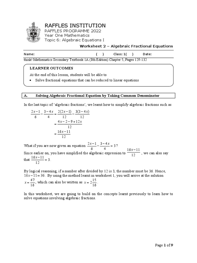 02 Algebraic Fractional Equations | PDF | Equations | Mathematics