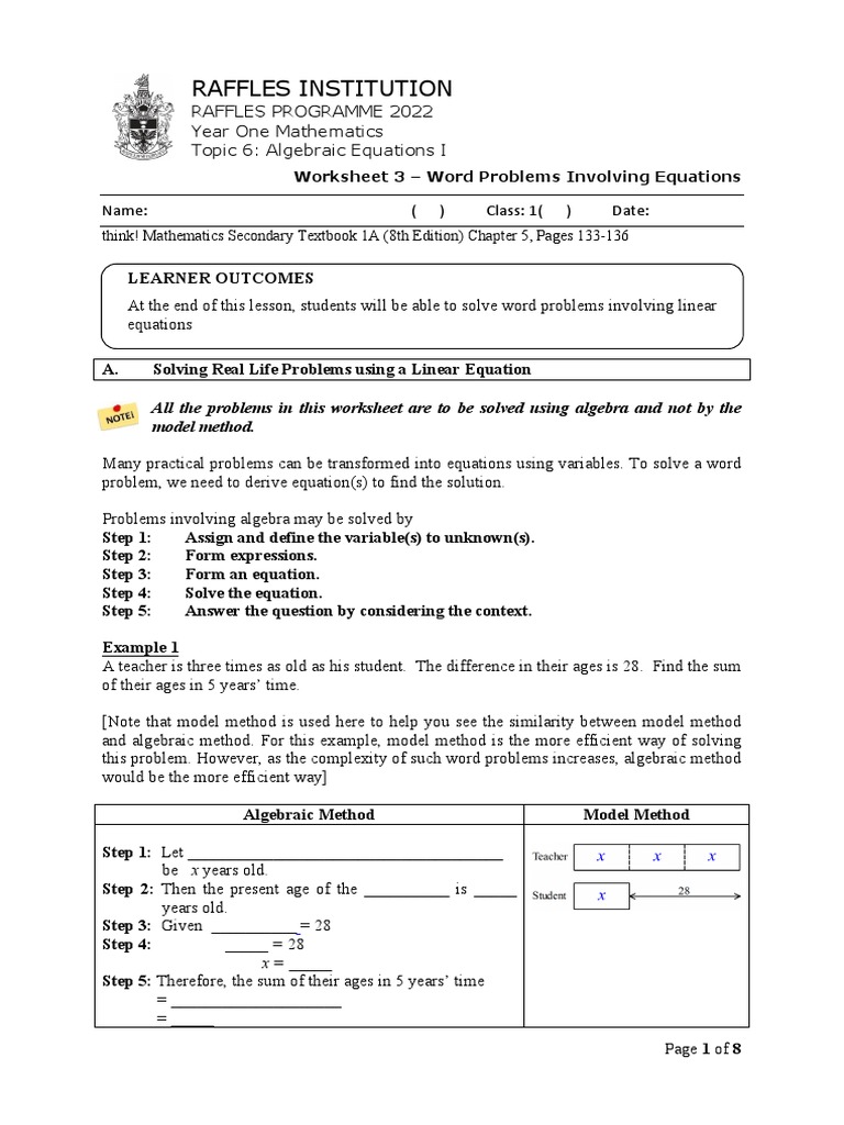 Word Problems with Linear Equations | PDF | Equations | Algebra