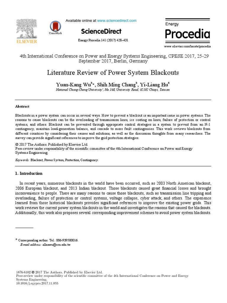 Literature Review Of Power System Blackouts Pdf Electrical Grid Electric Power Transmission