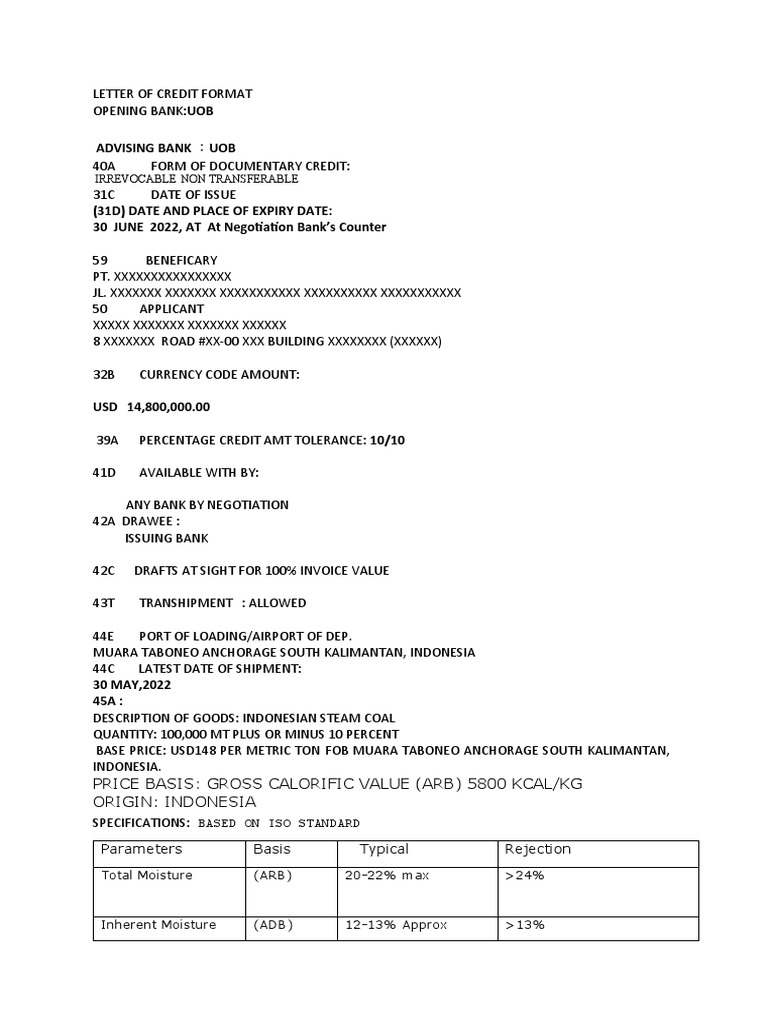 UOB Irrevocable Letter of Credit Template | PDF | Tonne | Letter Of Credit