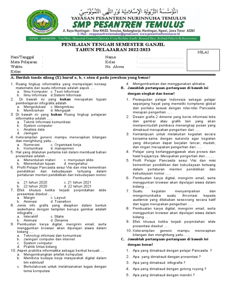 FORMAT SOAL PTS GANJIL 2022 Informatika | PDF