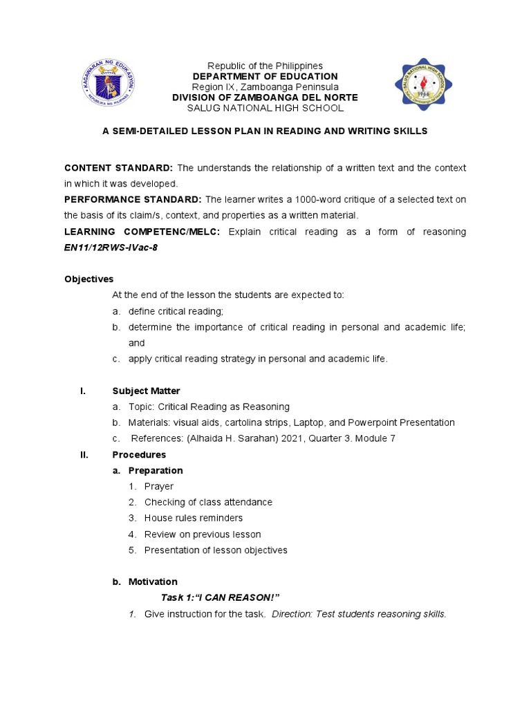 Week 7 LP 2 Reading and Writing | PDF | Lesson Plan | Education Theory