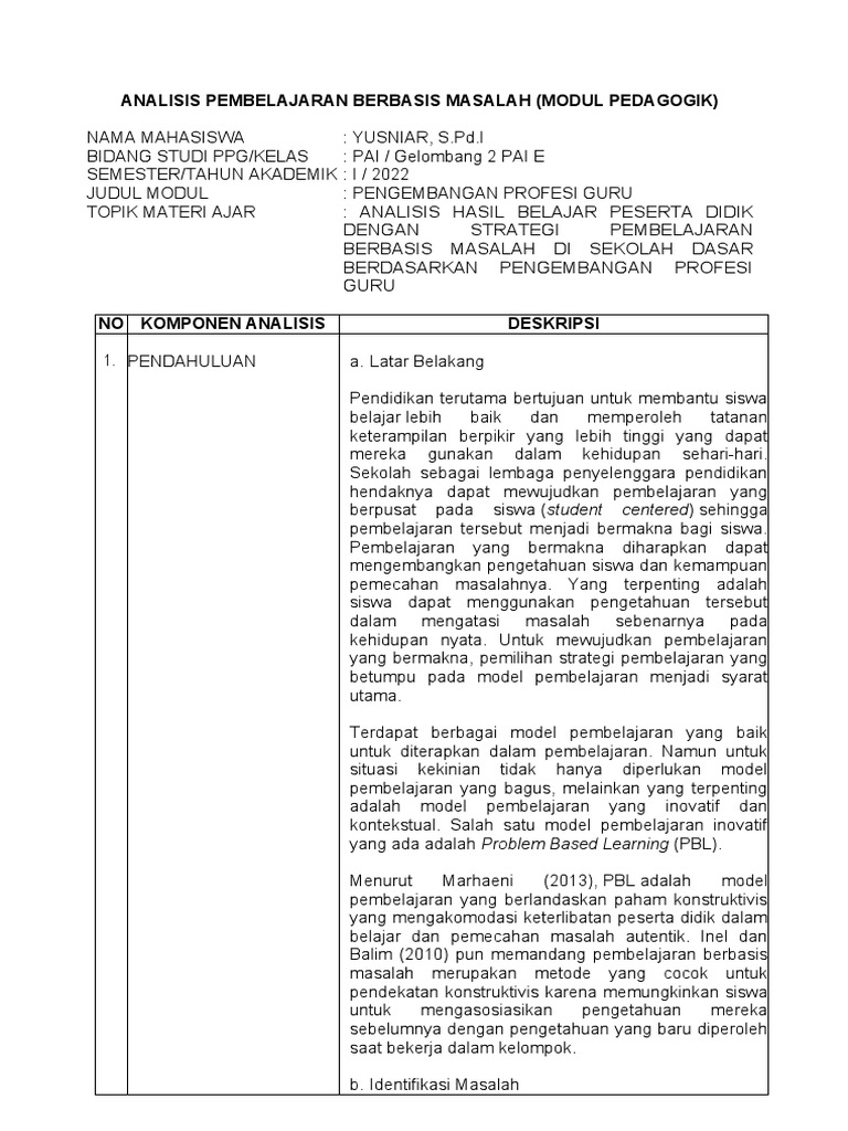 Analisis Pembelajaran Berbasis Masalah | PDF