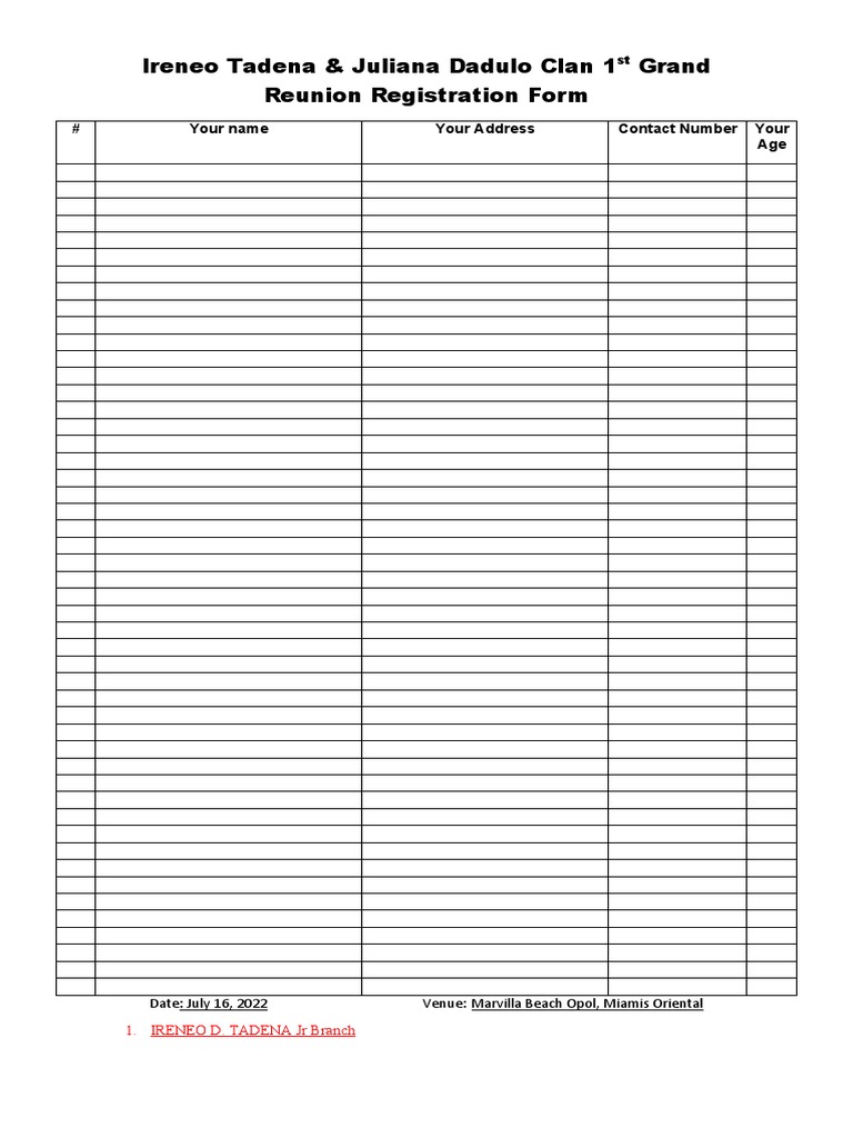 Family Reunion Registration Form | PDF