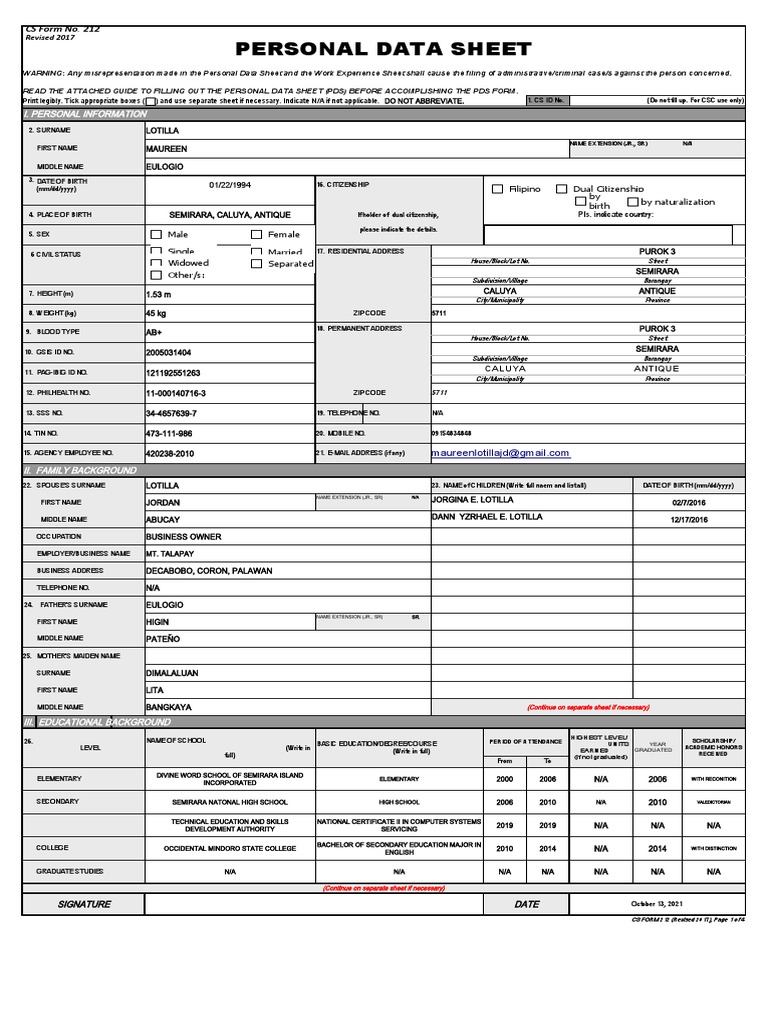 CS Form No. 212 Revised Personal Data Sheet - New | PDF | Crimes | Crime & Violence
