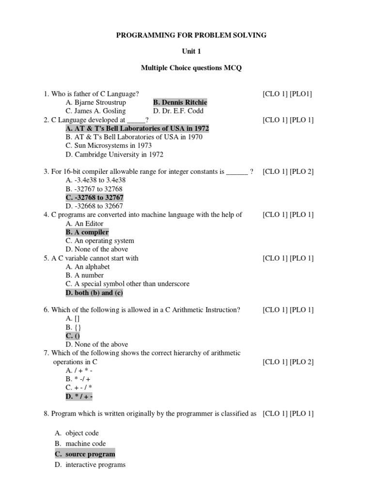 Programming For Problem Solving Unit 1 Multiple Choice Questions MCQ ...