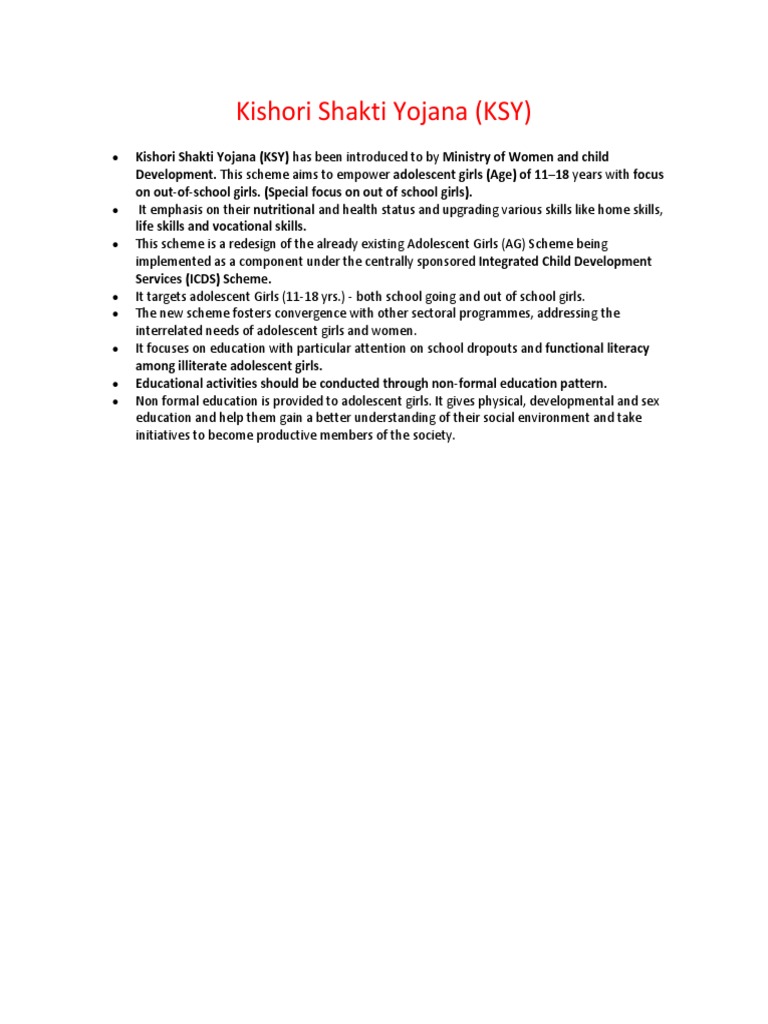 Kishori Shakti Yojana (KSY) | PDF