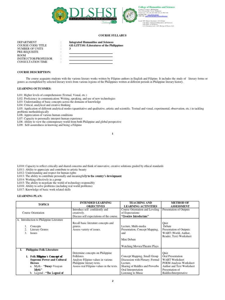 Course Syllabus Integrated Humanities and Sciences GE-LITT101 /literatures of The Philippines 3 ...