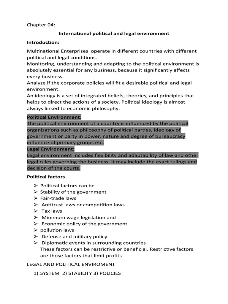 International Political and Legal Environment | PDF | Economic ...