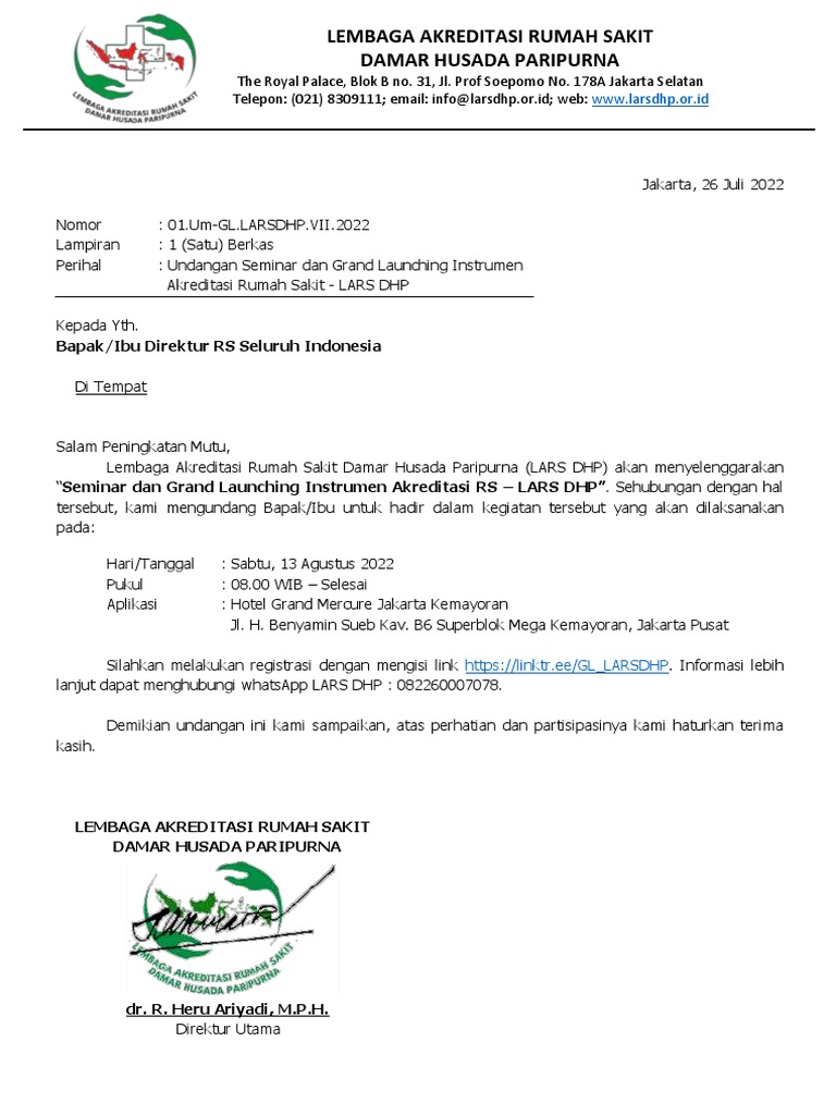 01 - Surat Undangan Grand Launching Instrumen Akreditasi LARS DHP | PDF