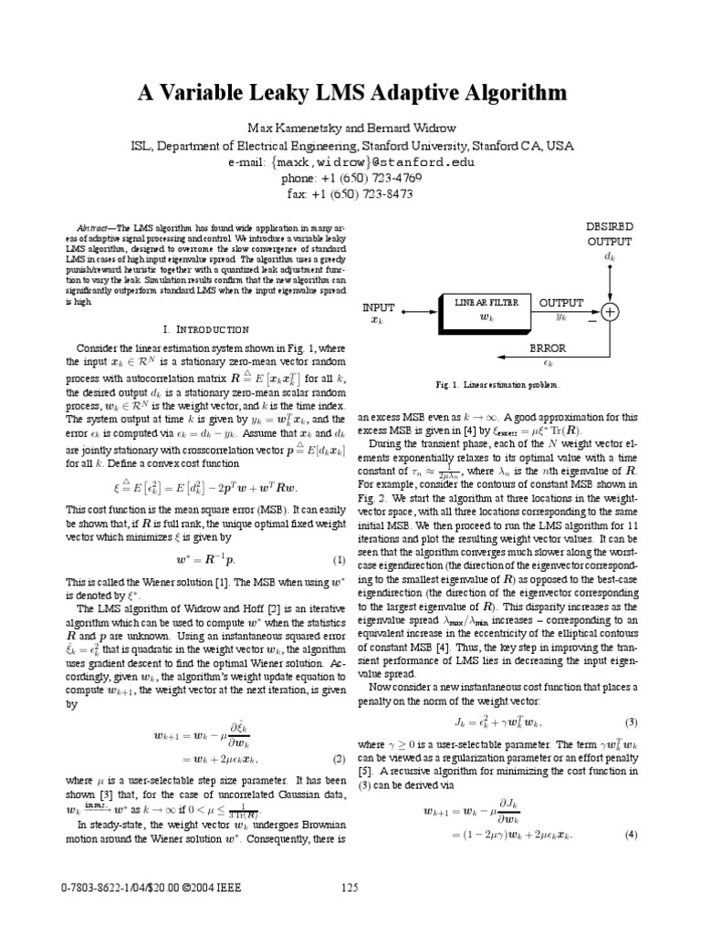 A Variable Leaky LMS Adaptive Algorithm | PDF | Eigenvalues And ... A Variable Leaky LMS Adaptive Algorithm | PDF | Eigenvalues And ...