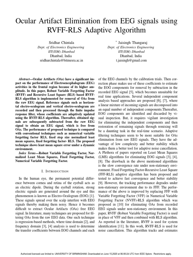 Ocular Artifact Elimination From Eeg Signal Using Rvff Rls Pdf Electroencephalography