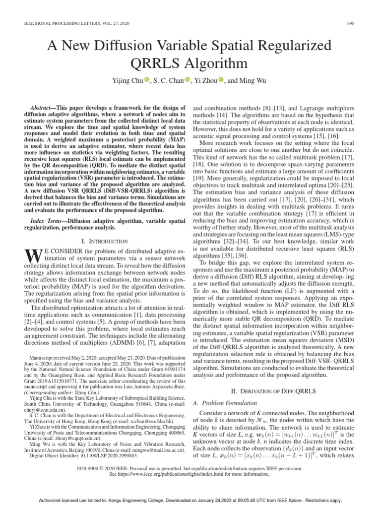 A New Diffusion Variable Spatial Regularized Qrrls Algorithm Pdf Variance Estimation Theory