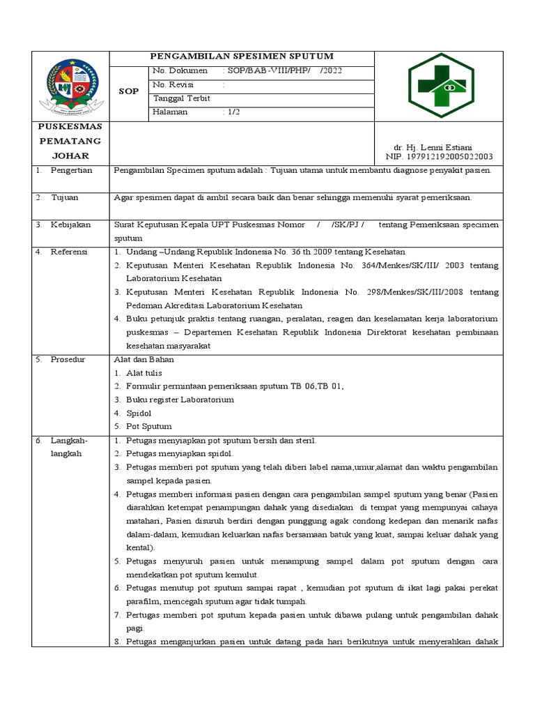 Sop Pengambilan Spesimen Sputum | PDF