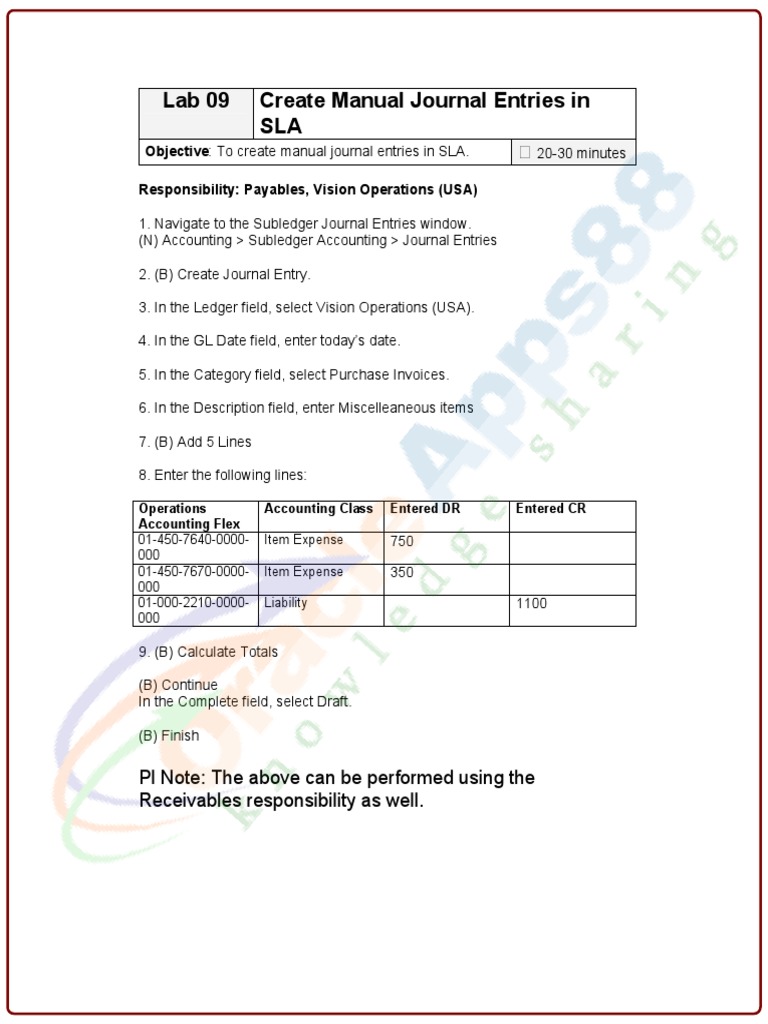 Lab 09 Create Manual Journal Entries in SLA | PDF