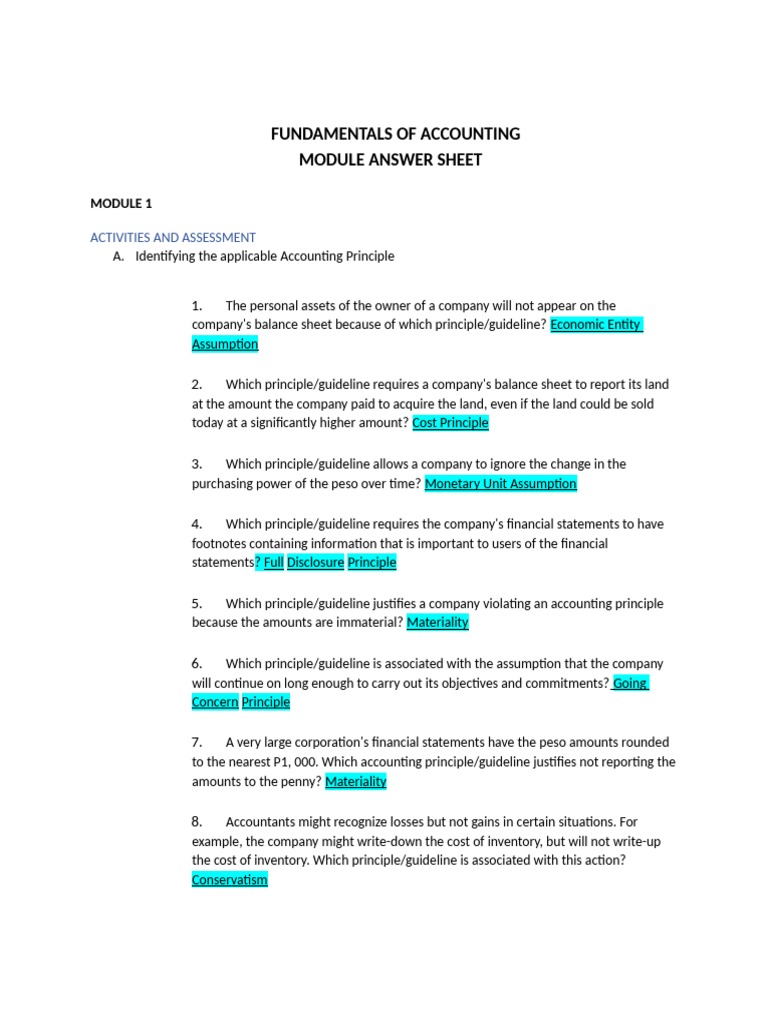 Fundamentals of Accounting Module Answer Sheet | PDF | Debits And ...