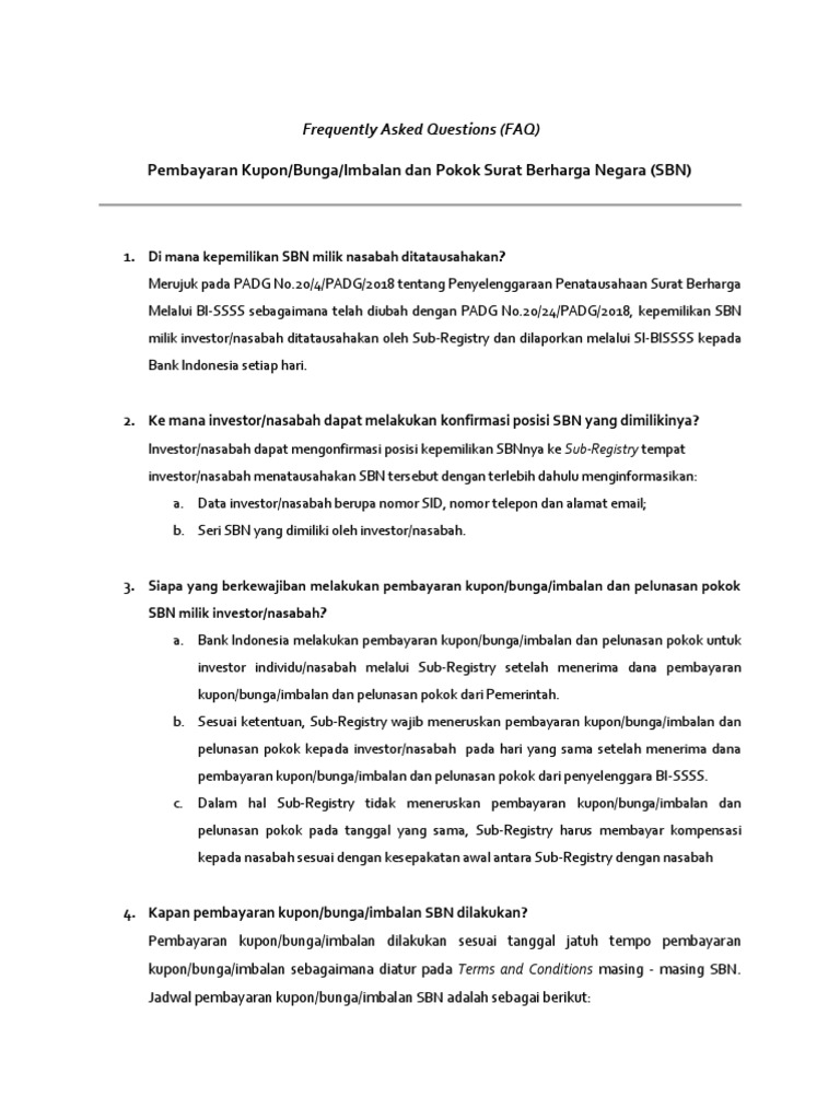 FAQ - Pembayaran Kupon Bunga Imbalan Dan Pokok SBN | PDF