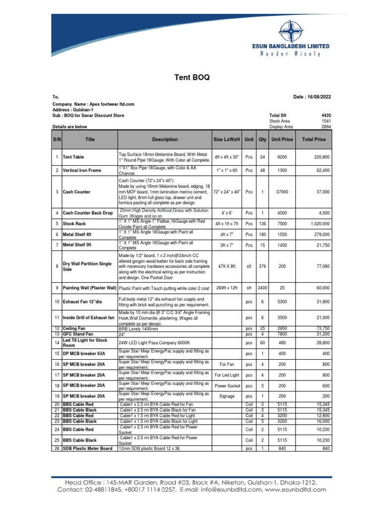 Savar Tent - BOQ 16.08.2022 | PDF | Wall | Building Materials