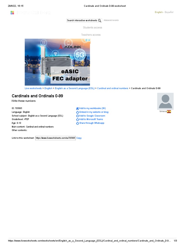 Cardinals and Ordinals 0-99 Worksheet | PDF | Linguistics | Cognitive ...