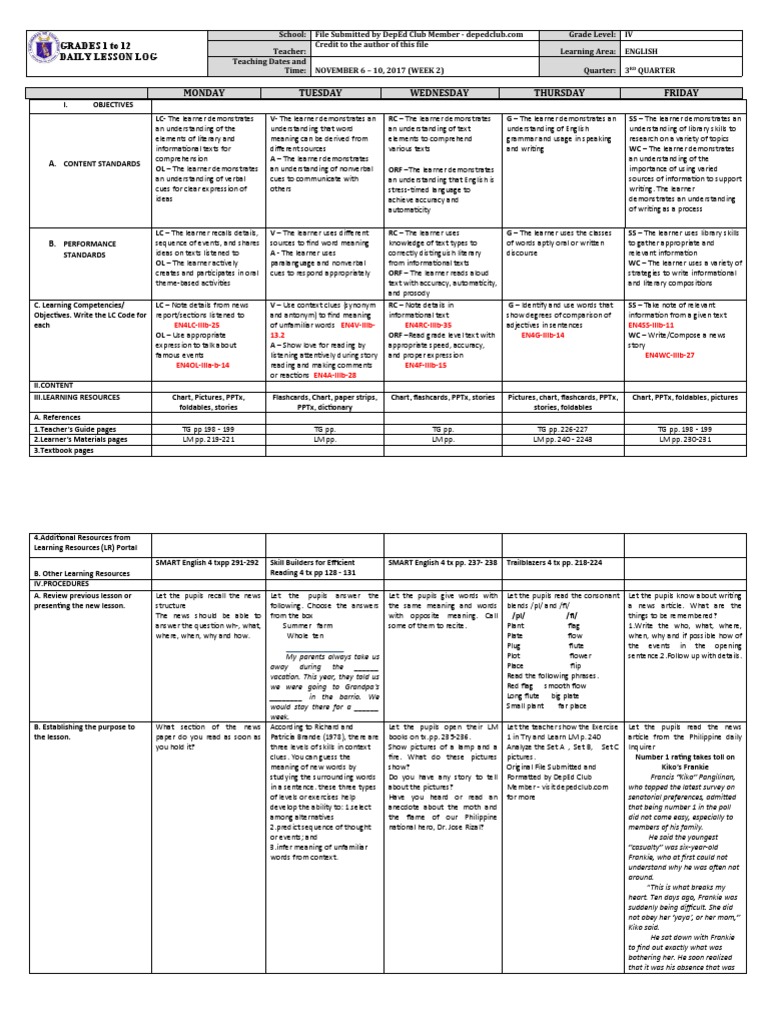 GRADES 1 To 12 Daily Lesson Log Monday Tuesday Wednesday Thursday ...