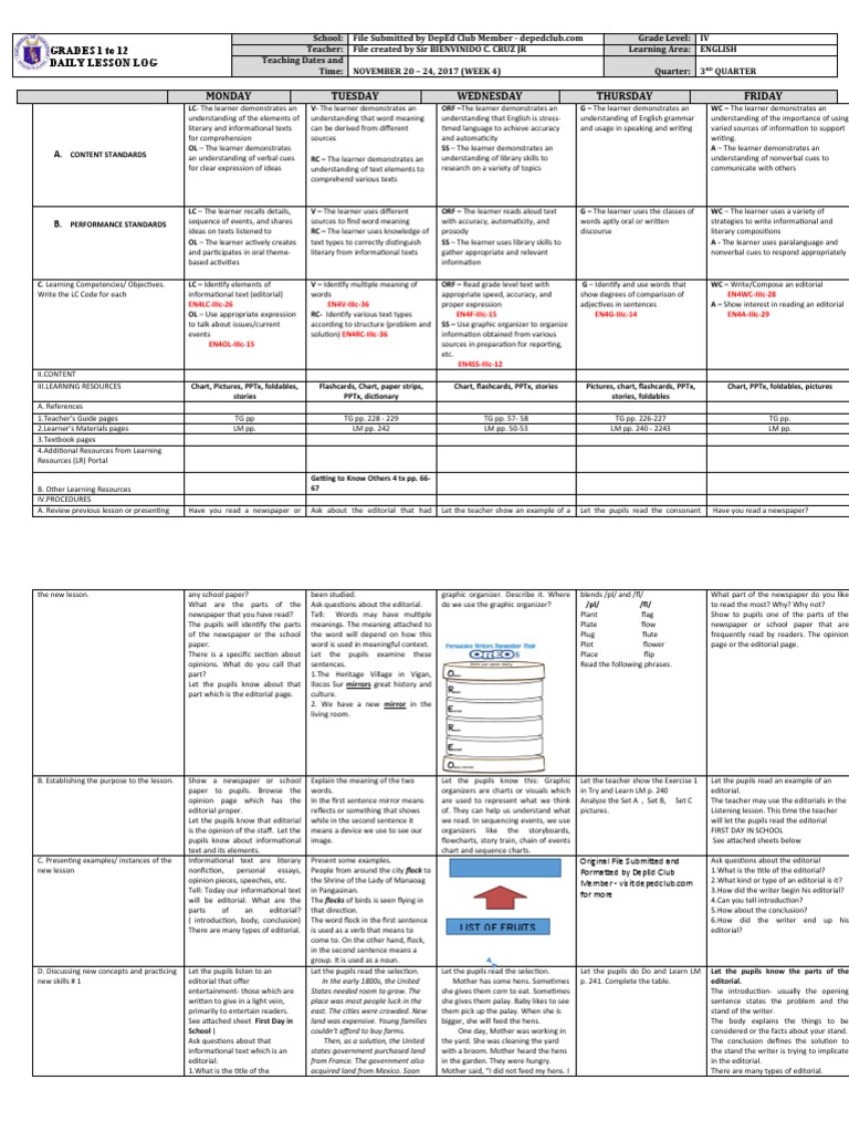 GRADES 1 To 12 Daily Lesson Log Monday Tuesday Wednesday Thursday ...