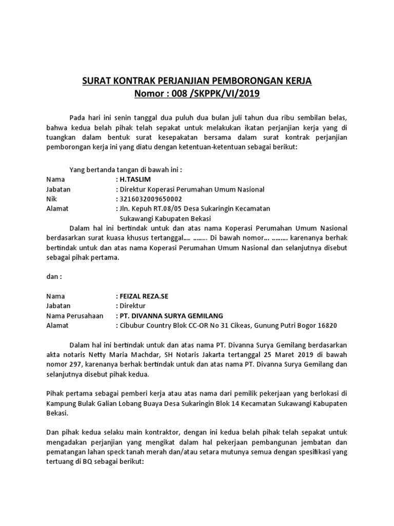 Surat Kontrak Perjanjian Pemborongan Kerja Perumahan | PDF