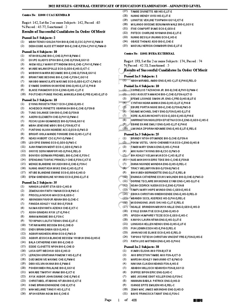 2022 GCE Advanced Level Results | PDF | Educational Assessment And ...