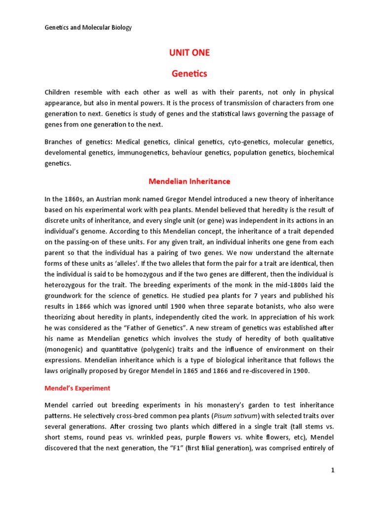 Unit One Genetics: Mendelian Inheritance | Download Free PDF | Dominance (Genetics) | Allele