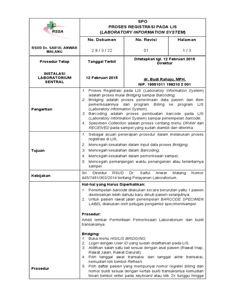 2.9-3-22 SPO PROSES REGISTRASI PADA LIS (Revisi 1) | PDF | Pengelolaan ...
