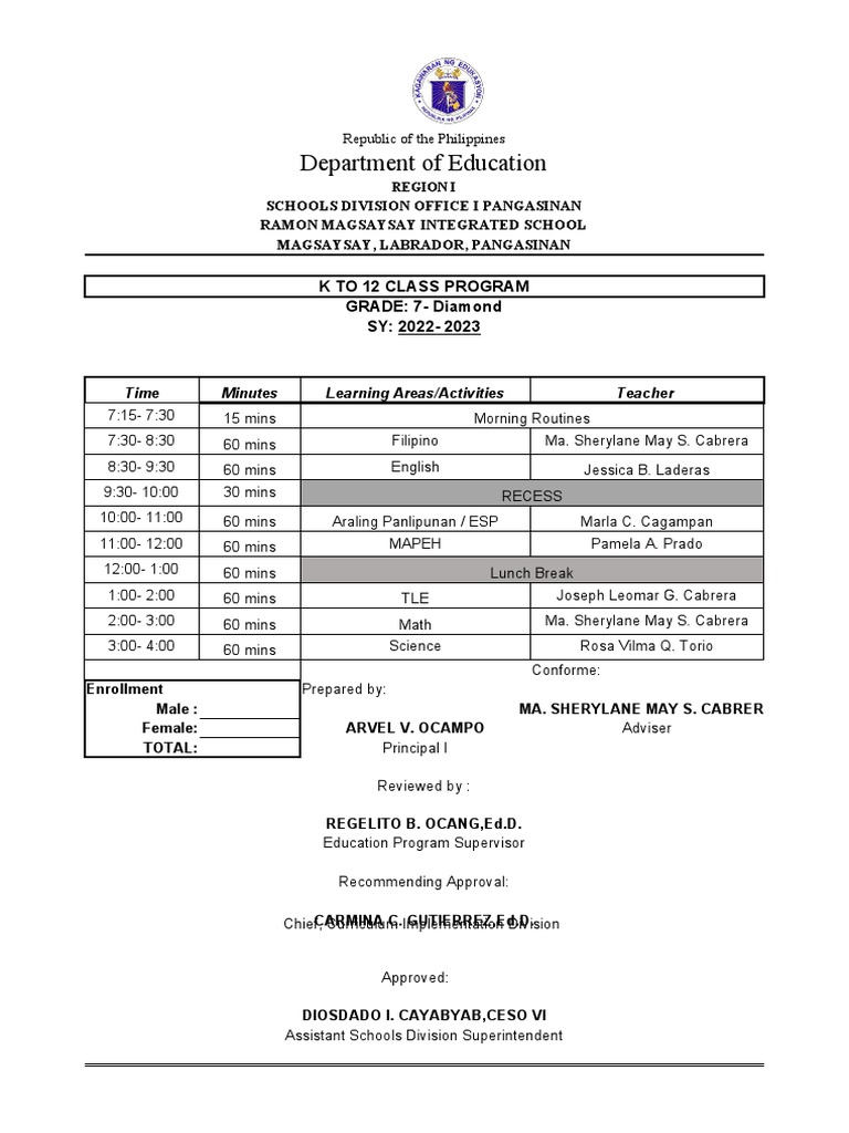 Ramon Magsaysay Is Jhs Class Program Sy 2022 2023 | PDF | Philippines