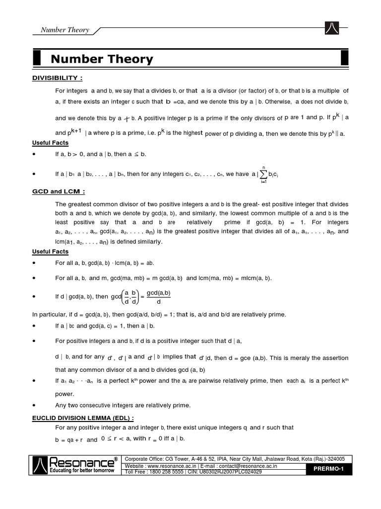 Number Theory: Divisibility and Primes | PDF | Algebra | Mathematical ...