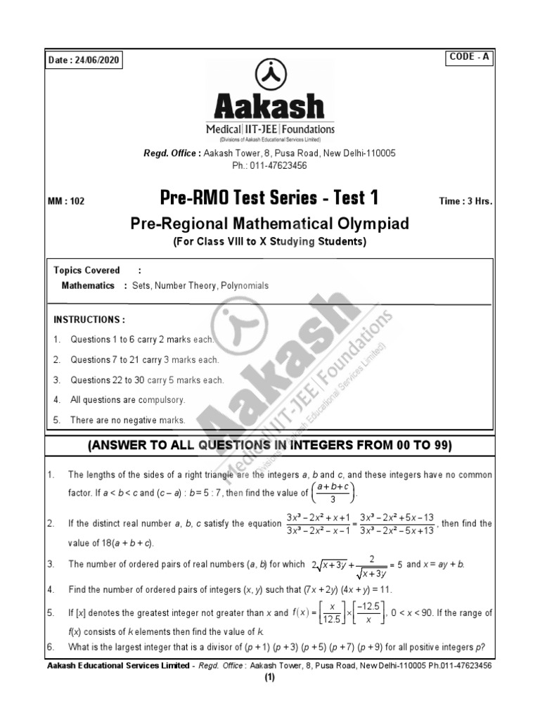 Pre-RMO Test Series - Test 1: Pre-Regional Mathematical Olympiad | PDF ...