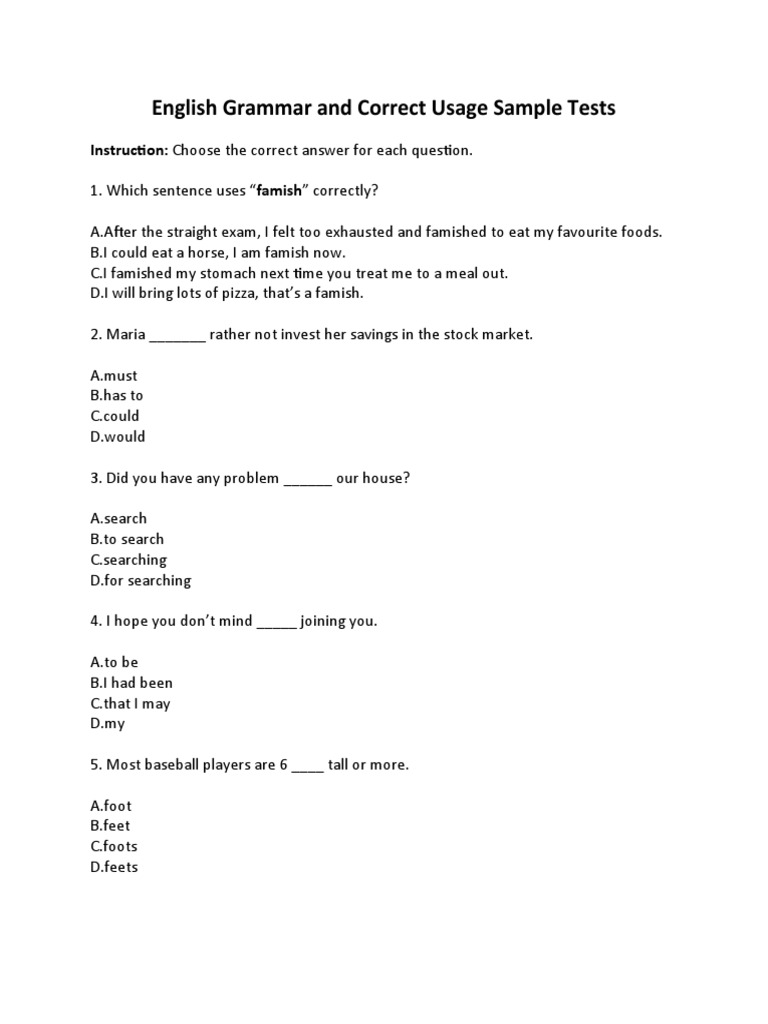 English Grammar and Correct Usage Sample Tests: Instruction: Choose The ...