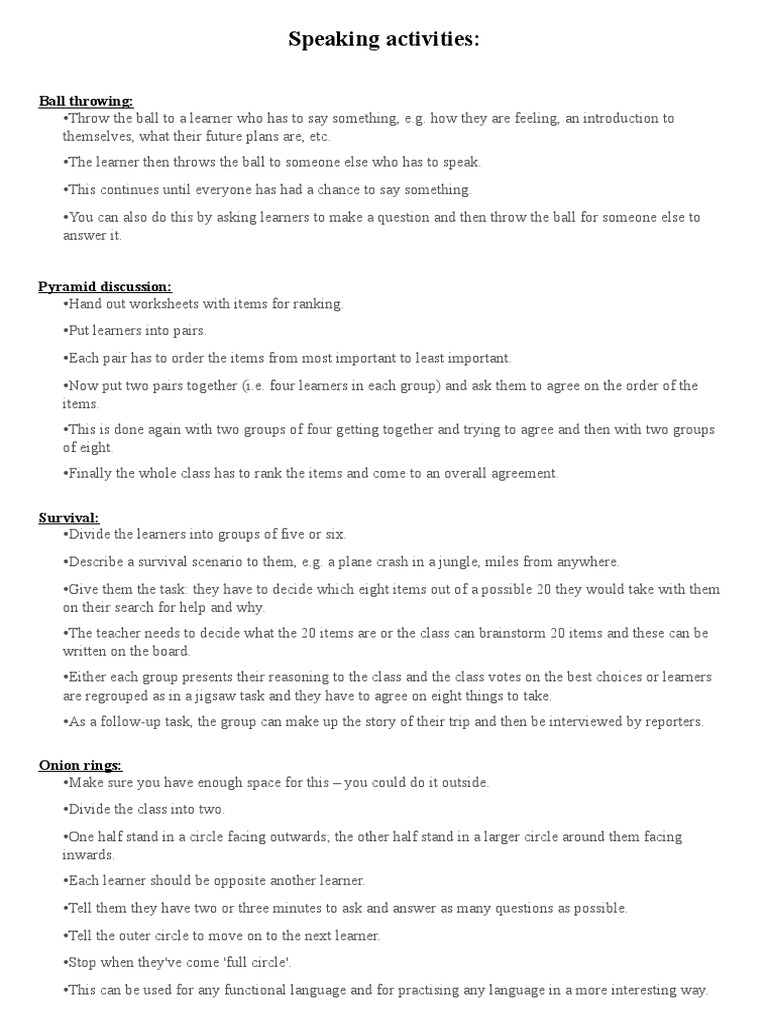 Speaking Activities | PDF | Learning | Teachers