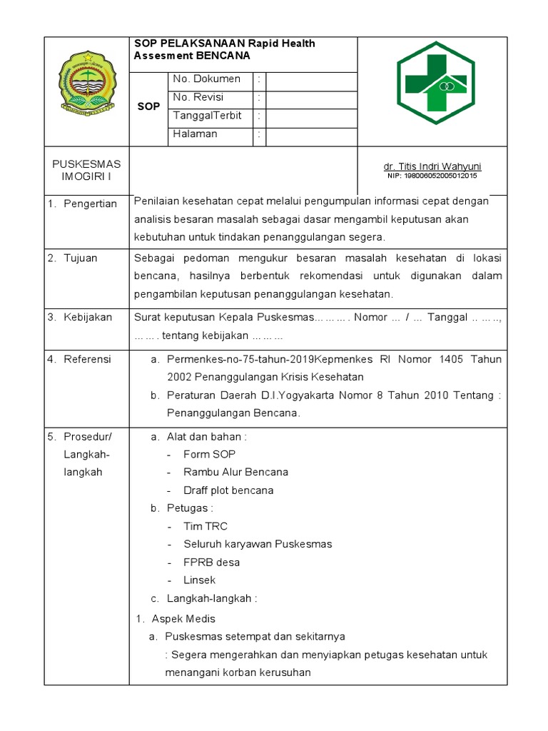 SOP PELAKSANAAN Rapid Health Assesment BENCANA | PDF | Pengembangan Diri | Kesehatan Holistik