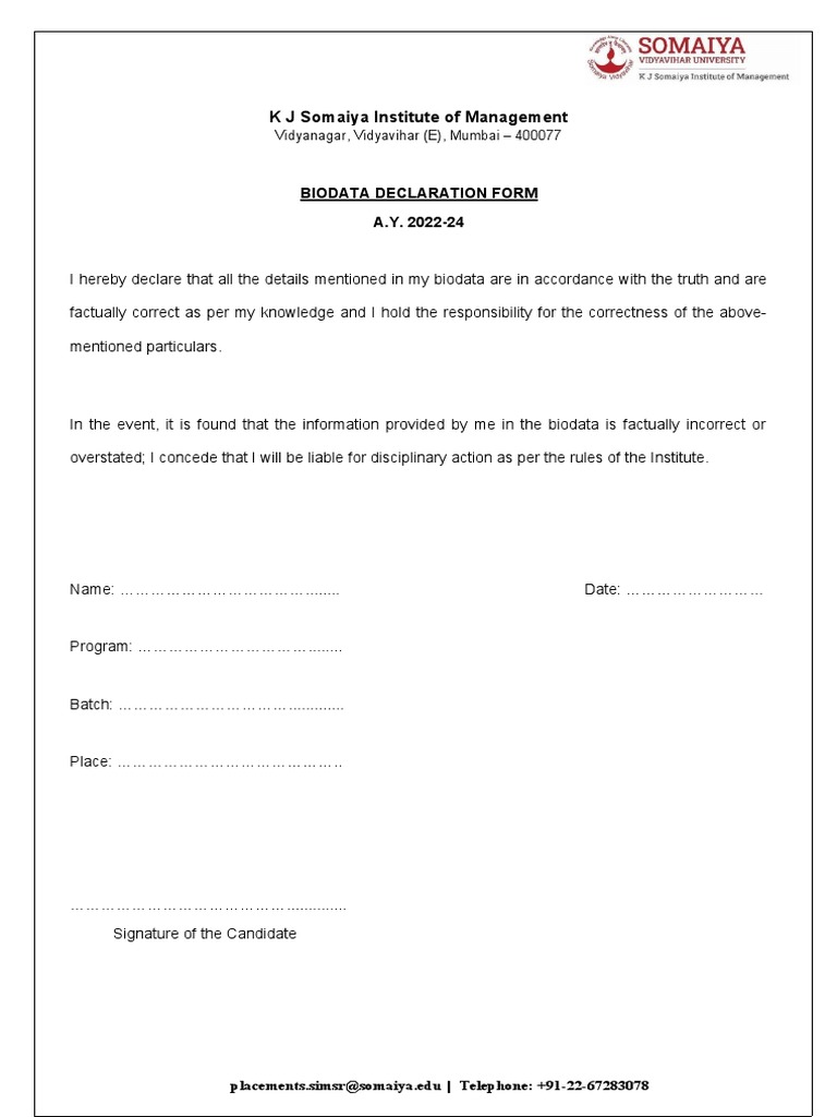 Biodata Declaration Form | PDF