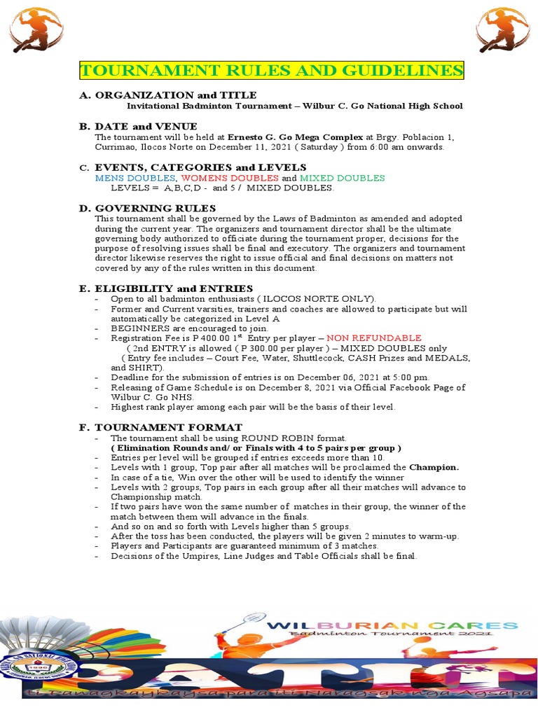 Badminton Tournament Rules and Guidelines | PDF | Tournament | Sports