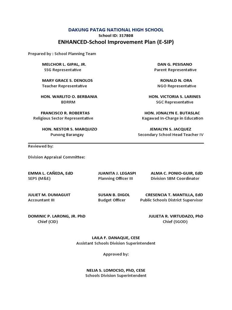 ENHANCED-School Improvement Plan (E-SIP) : Dakung Patag National High ...