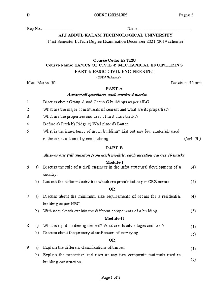 First Semester B.Tech Degree Examination December 2021 (2019 Scheme ...