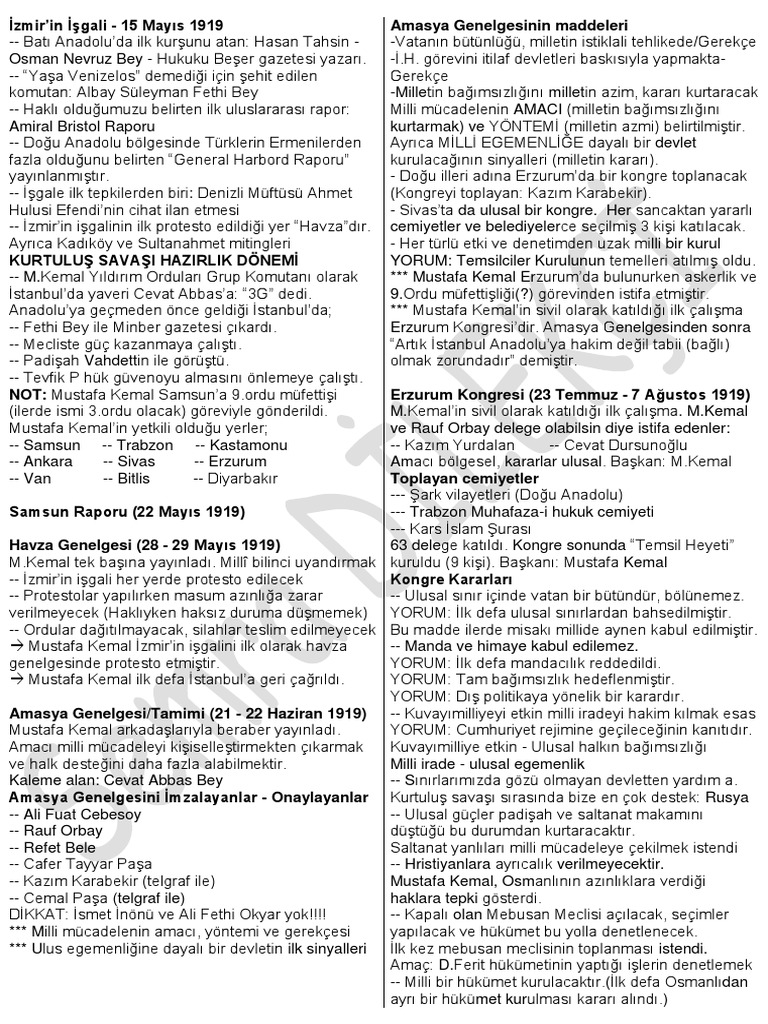 İnkilap Tarihi Özet Notlari | PDF