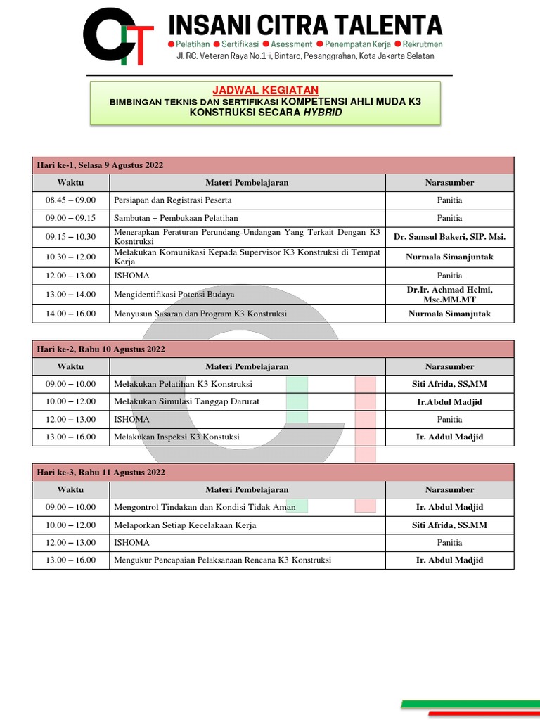 Jadwal Kegiatan Ahli Muda K3 Konstruksi - KKP | PDF