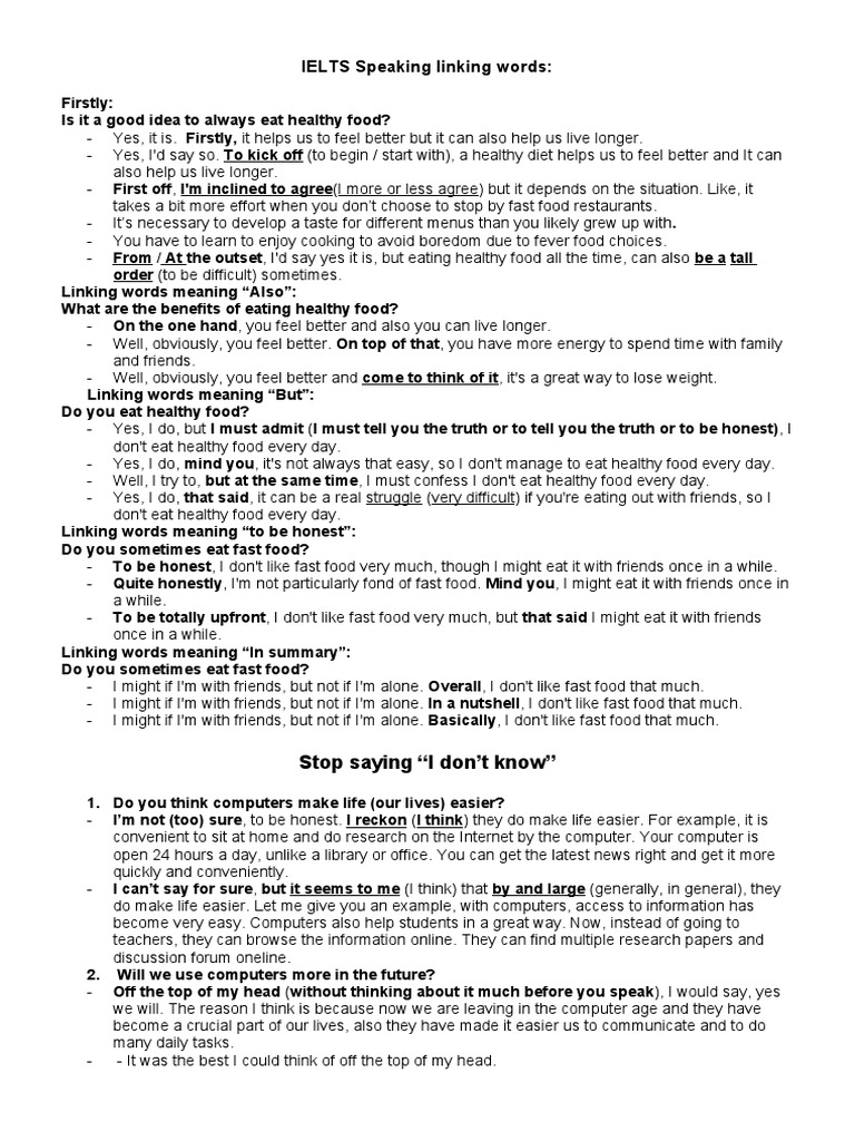 IELTS Speaking Linking Words | PDF | Healthy Diet | Leisure