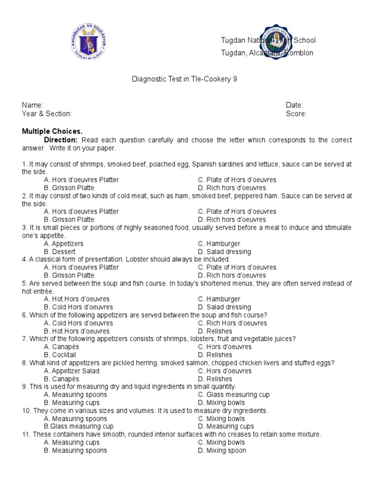 Diagnostic Test in Tle-Cookery 9 | PDF | Hors D'oeuvre | Salad