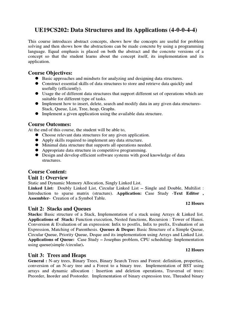 Ue19cs202 Data Structures And Its Applications 4 0 0 4 4 Course Objectives Pdf Data 