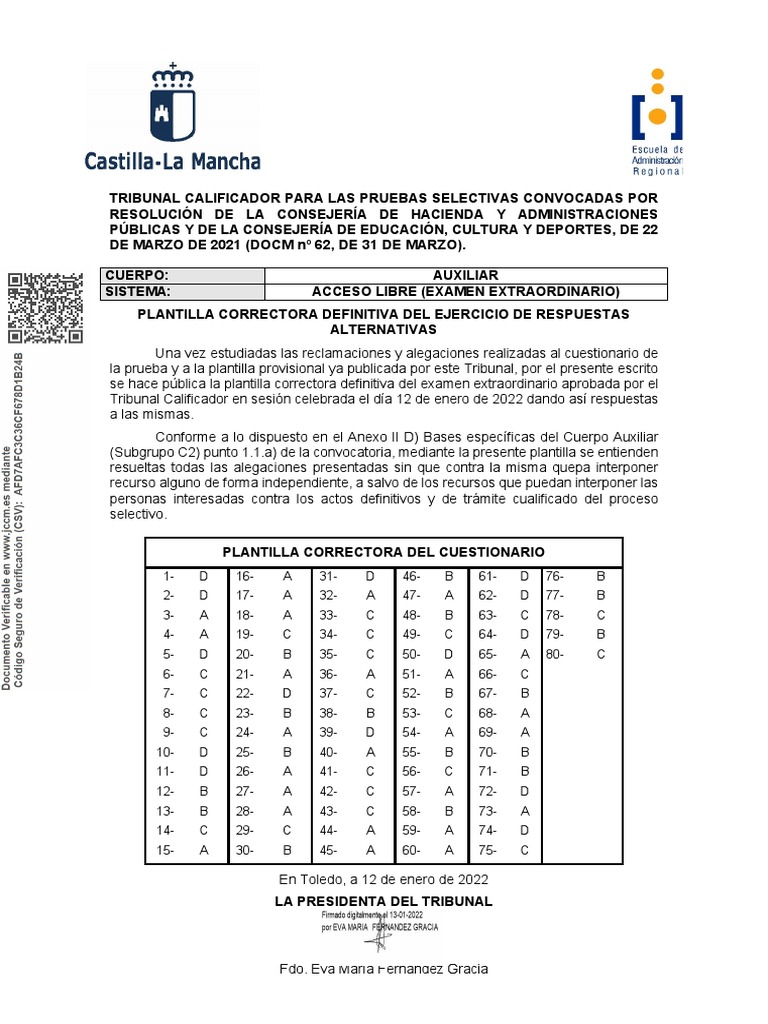 Plantilla correctora definitiva examen Auxiliar ACCESO LIBRE | PDF