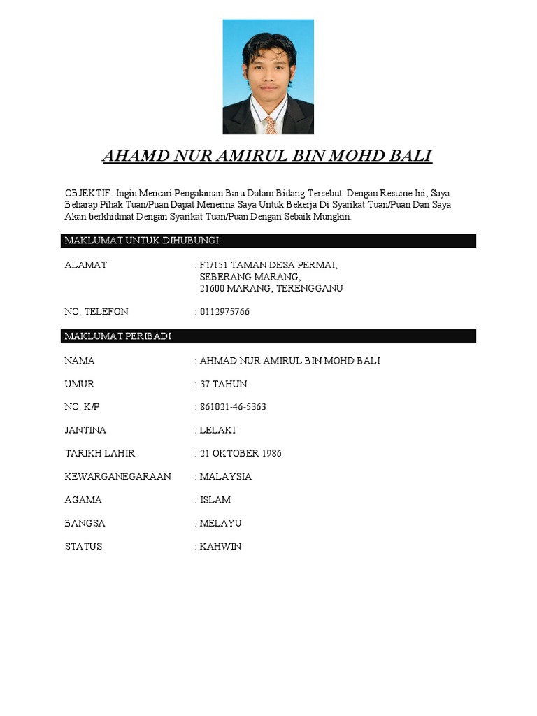 Resume Ahamd Nur Amirul Bin Mohd Bali | PDF