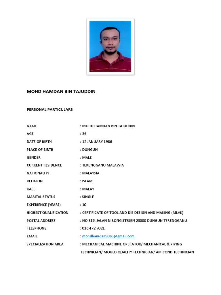 Mohd Hamdan Bin Tajuddin: Personal Particulars | PDF